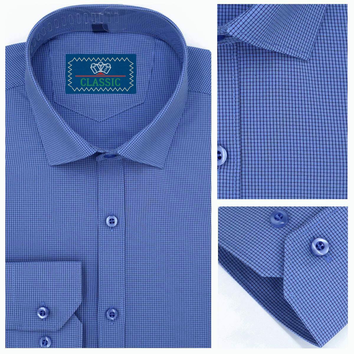 Рубашка Мужская рубашка с длинным рукавом прямая классическая, сорочка на пуговицах, рубаха на любой сезон, голубая мелкая клетка, без карманов, на любой сезон и на лето рубашка