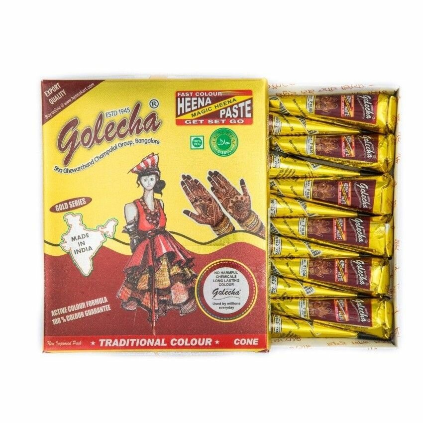 Хна для мехенди Коричневая "Golecha" рисунки и временное тату, Индия - упаковка 12 конусов