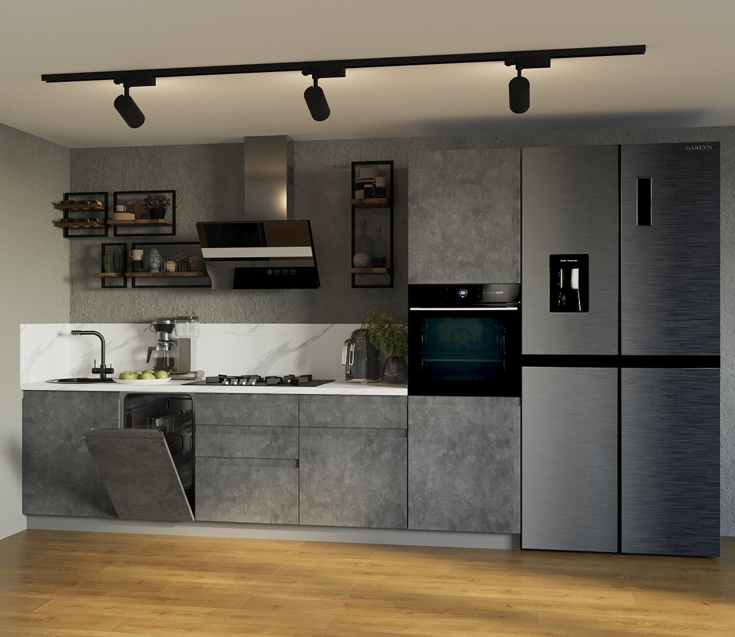 Кухонный гарнитур Лайн Дарк Грей, с пеналом и фасадом для ПМ, длина 2850 мм