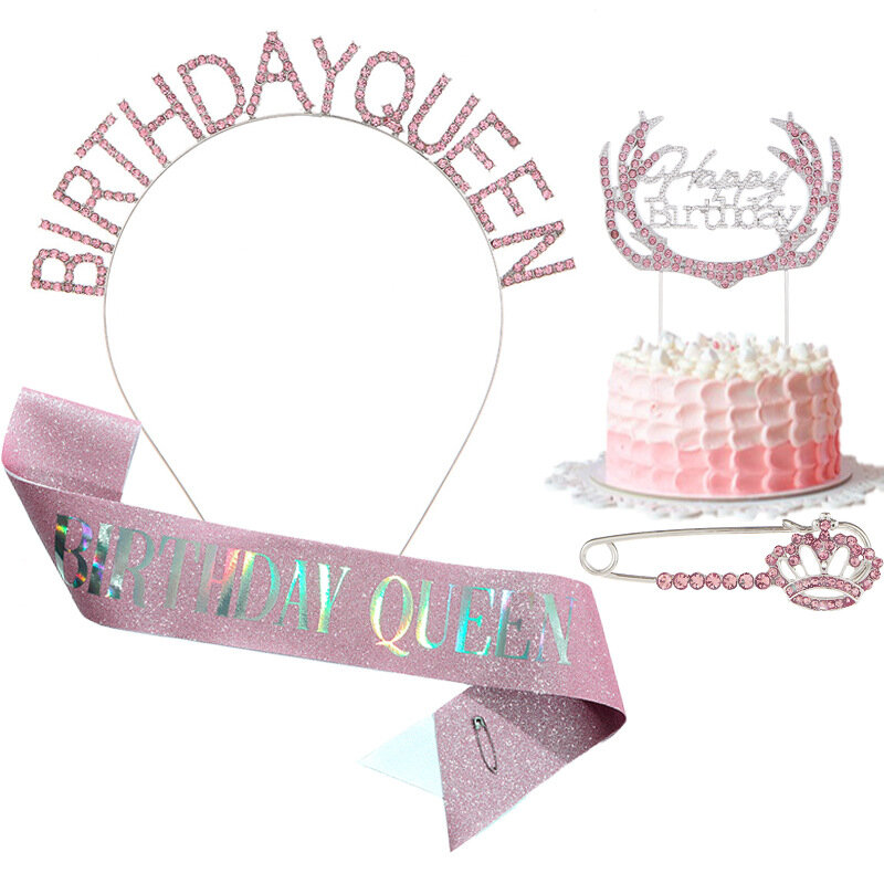 Корона на день рождения Queen + Pink, розовая, комплект из 4 частей