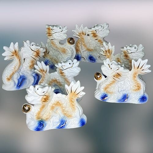 Статуэтка фарфоровая Драконы цветные (набор 7 штук), 7,5 см, фигурка интерьерная из керамики