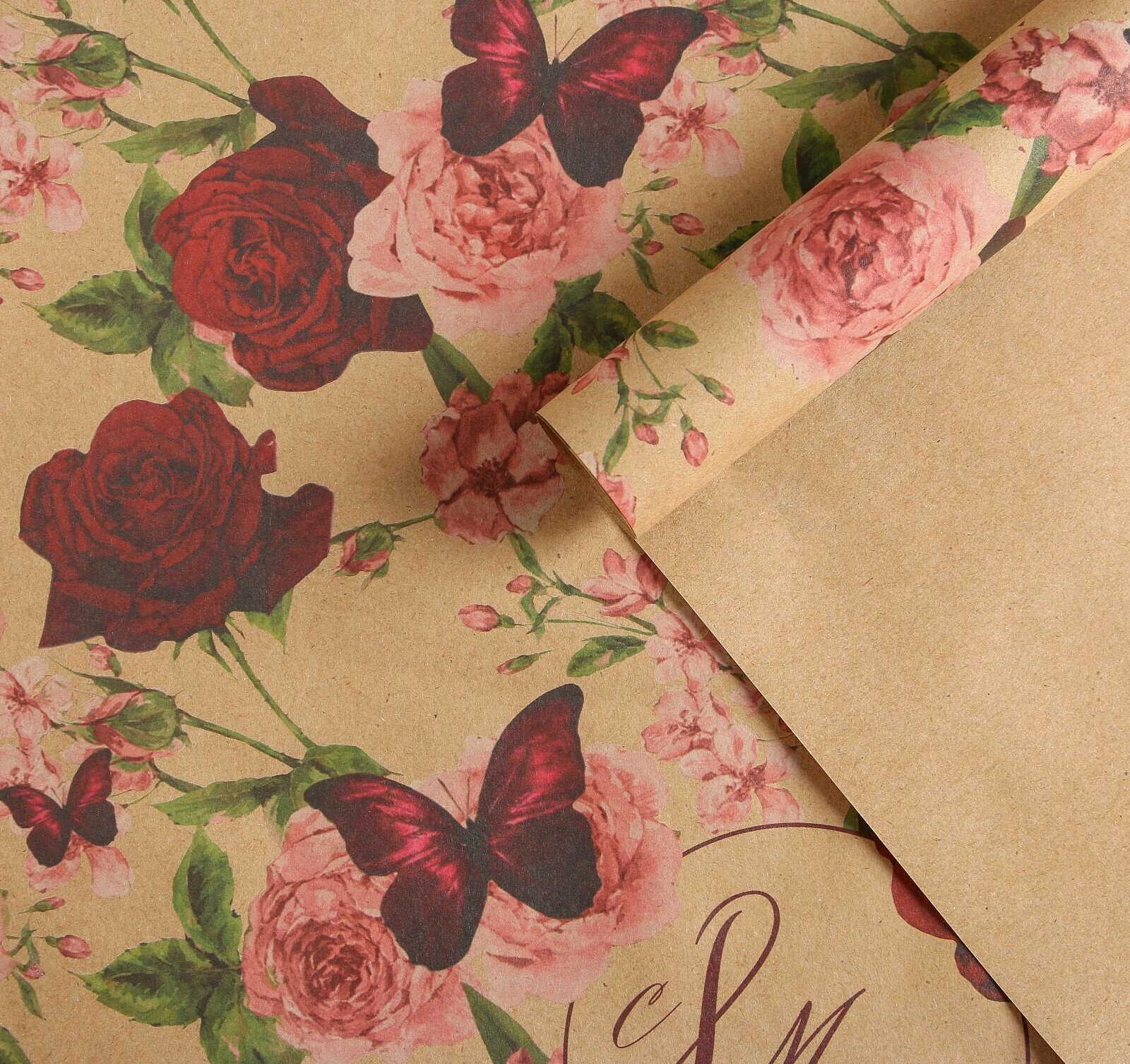 ! Бумага упаковочная 5 штук крафтовая «Розы на 8 марта», 50 х 70 см.