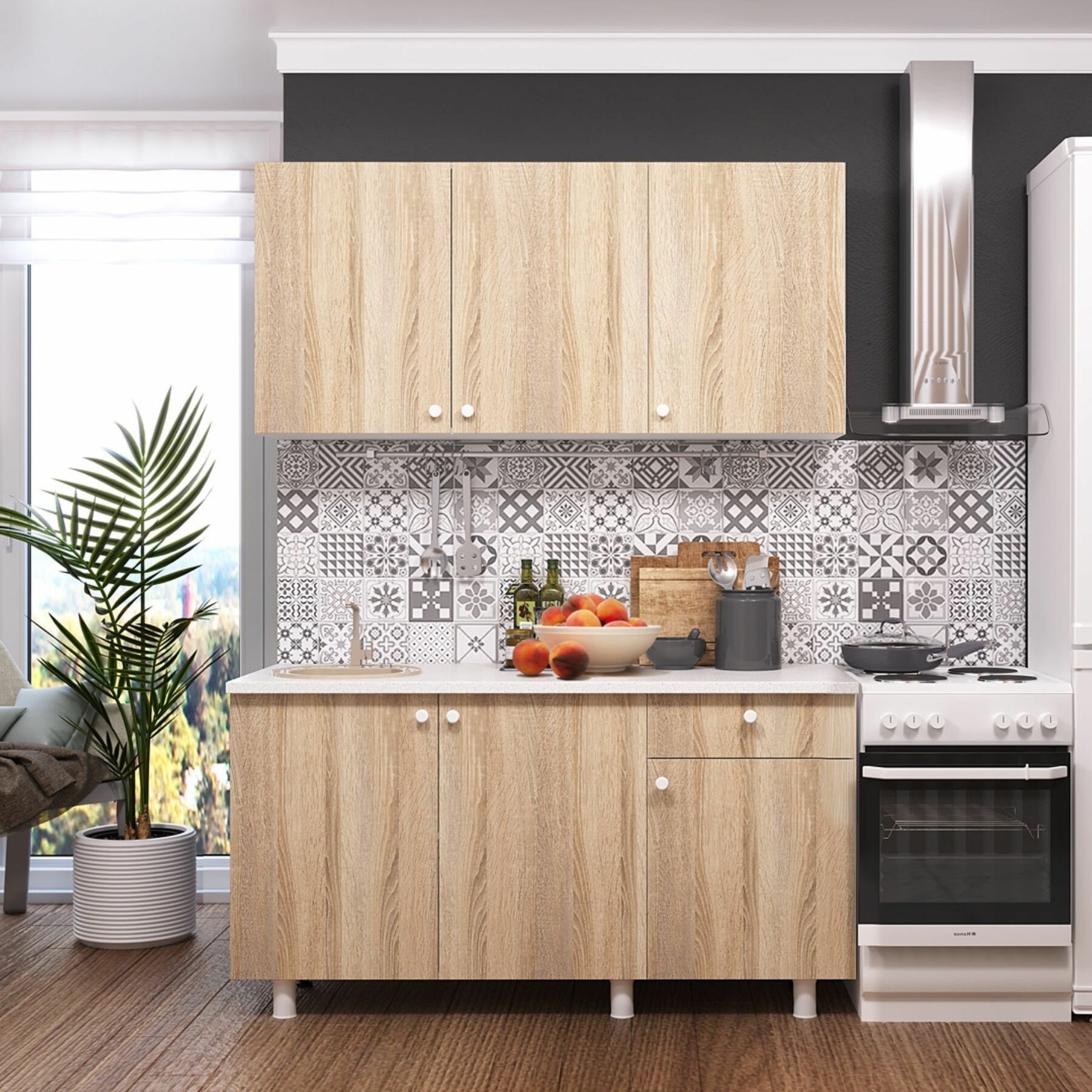 Кухонный гарнитур Горизонт Поинт, 1500 мм, белый / Дуб Сонома