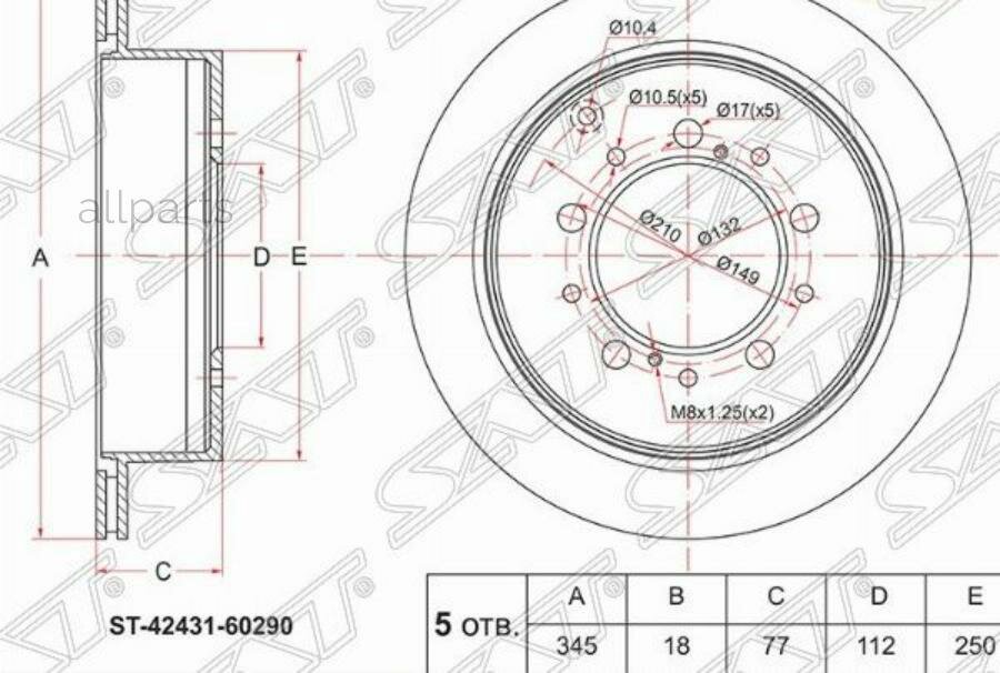 SAT ST-42431-60290 Диск тормозной (Зад) Toyota Land Cruiser (J200) 07-21 / Lexus LX 07-23 / Toyota Sequoia 07-17 / Tund