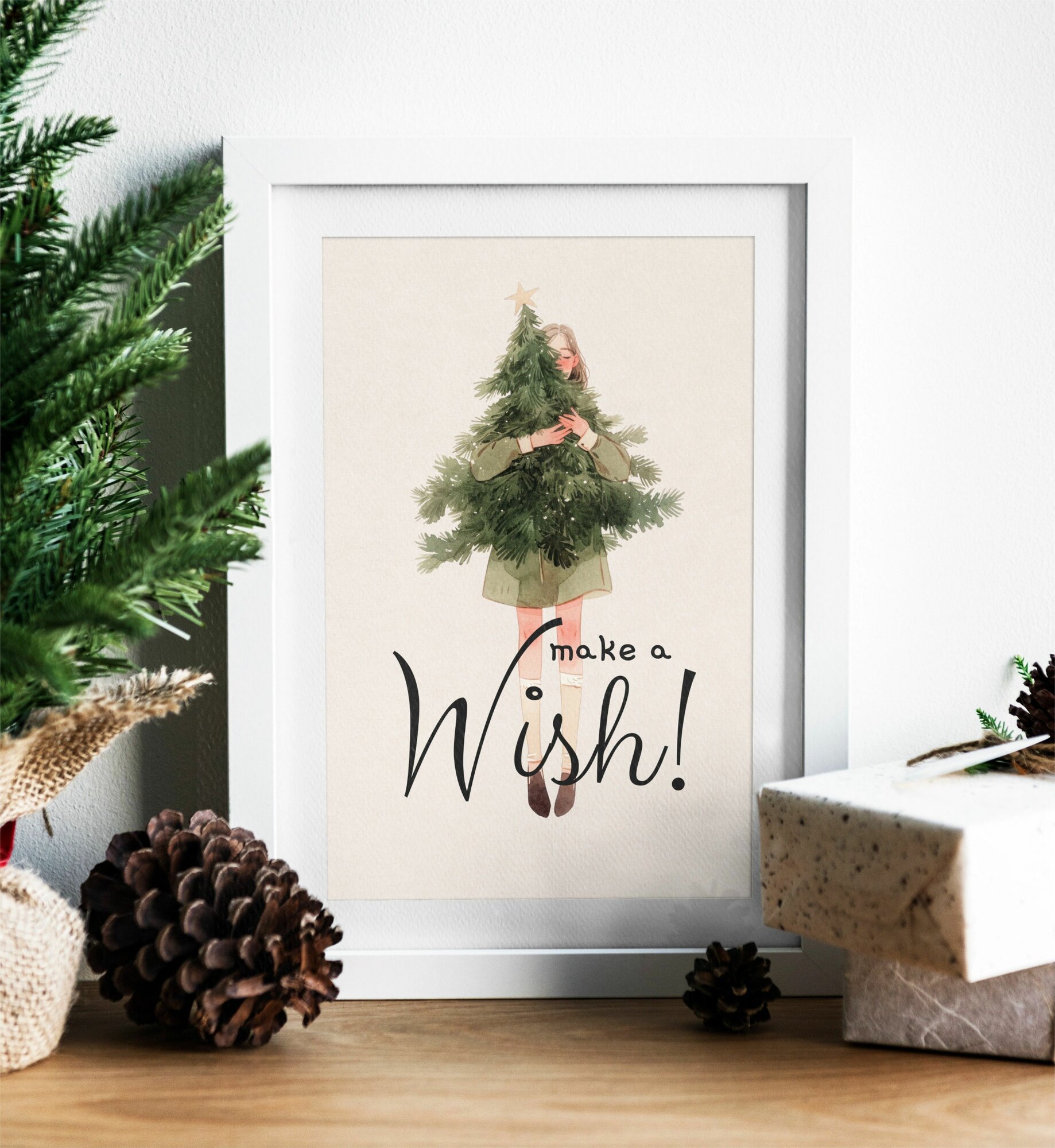 Новогодний постер на стену A3 "Make a wish!" девочка с елкой