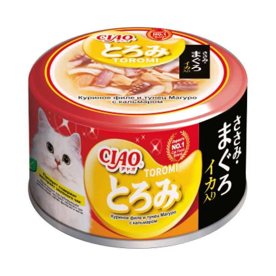 Влажный корм INABA CIAO для кошек Toromi Кур. филе и тунец Магуро с кальм. в бульоне, консерва 80г