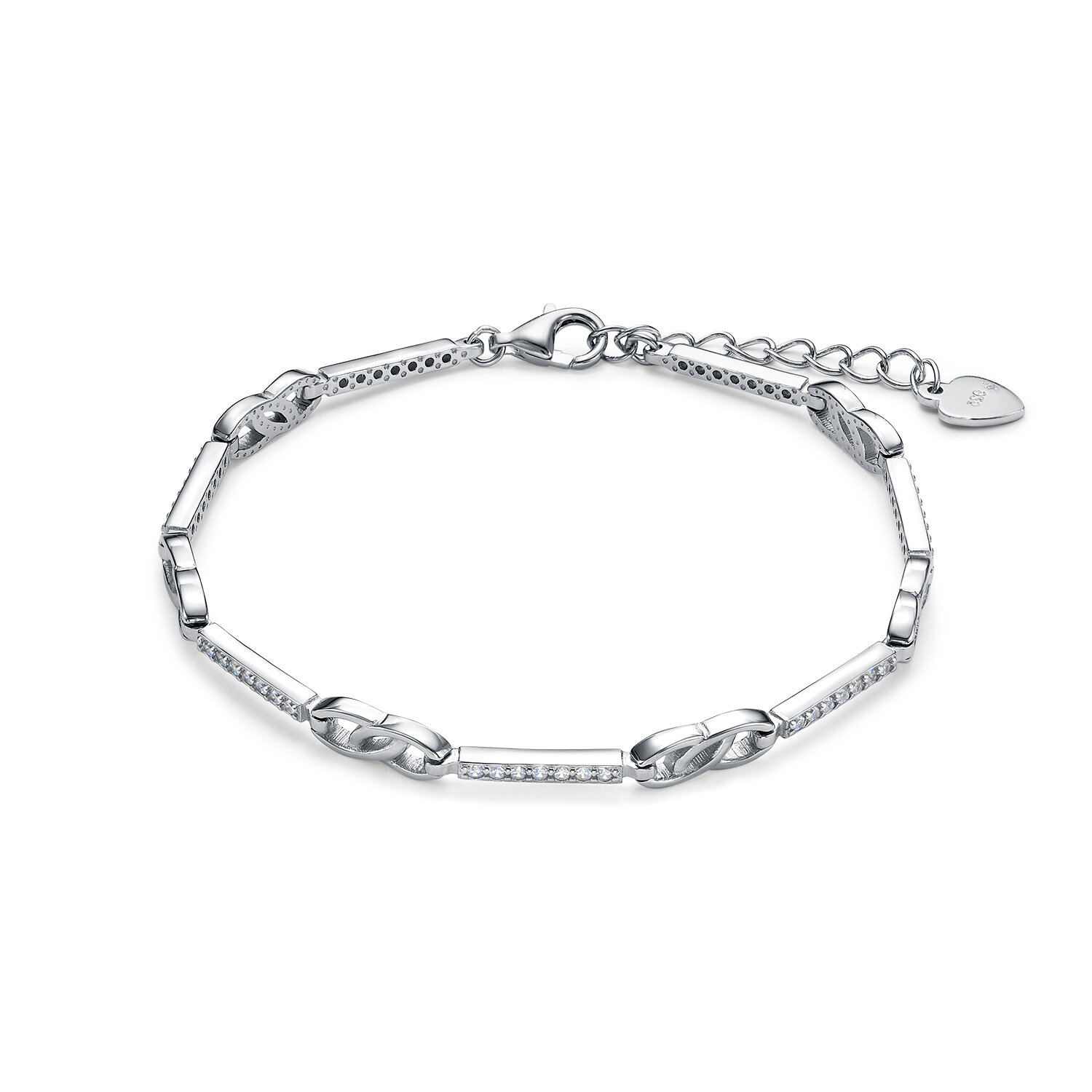 Браслет-цепочка, серебро, 925 проба, родирование, фианит