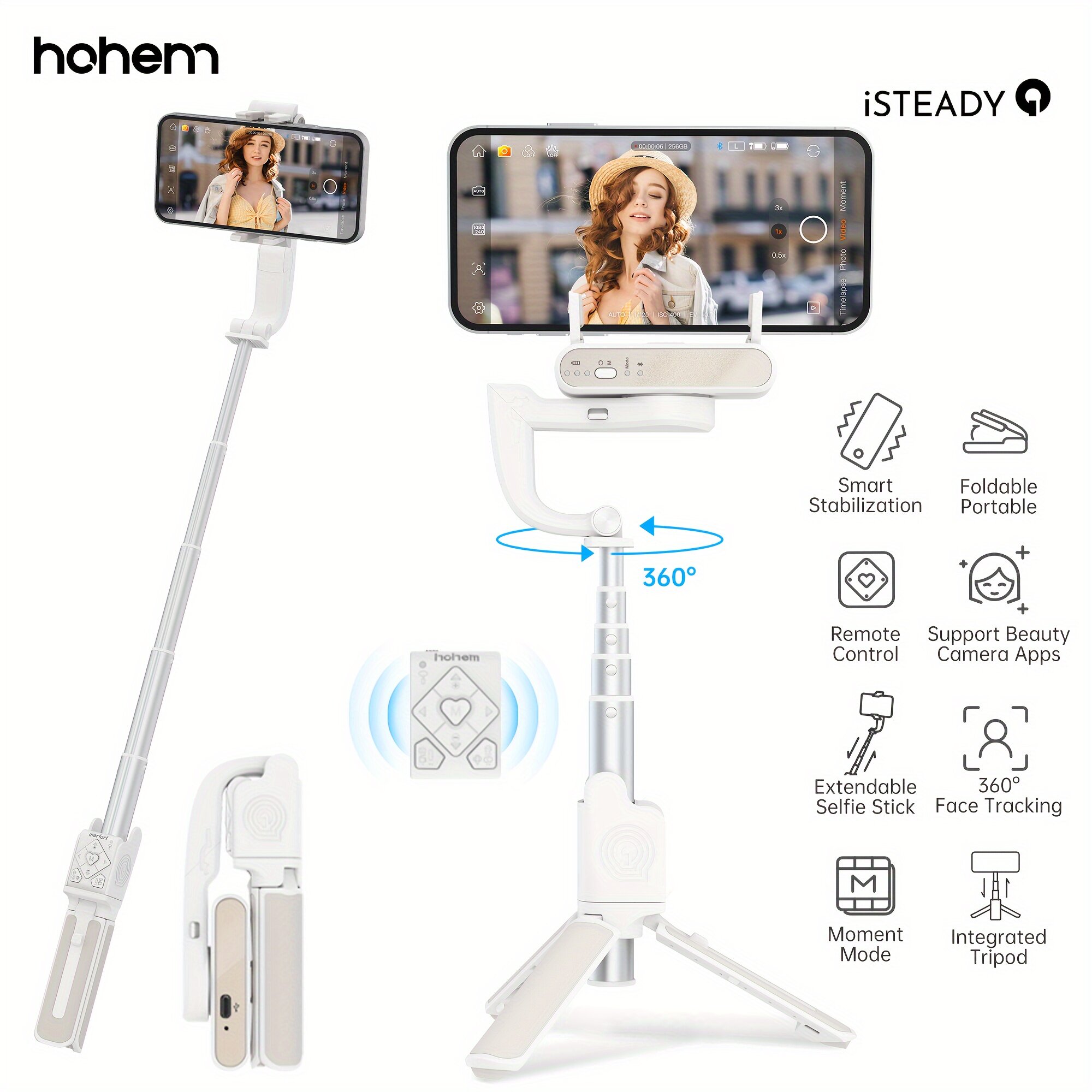 Hohem iSteady Q Селфи-стик с стабилизатором для смартфона, 2 оси, отслеживание лица и 360° вращение, штатив с беспроводным пультом дистанционного управлени