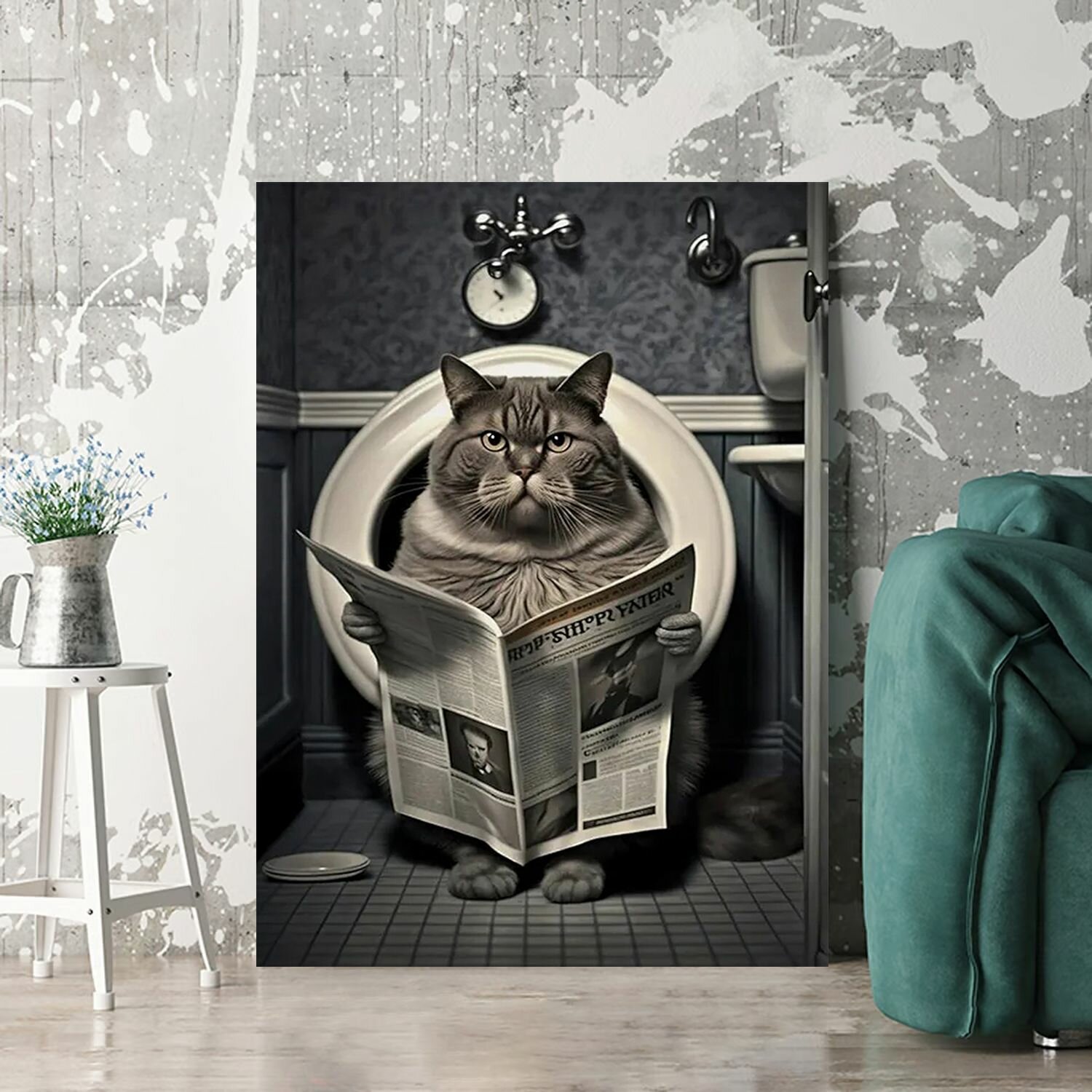 Картина в туалет, ванную комнату Кот читает газету, 60х80 см.