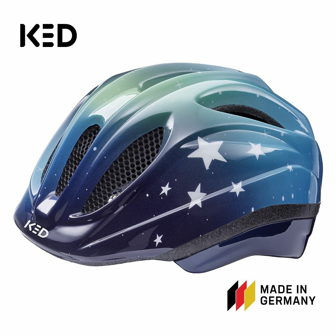 Шлем детский защитный для велосипеда, роликов, самоката, скейтборда, спортивный синий велошлем для детей KED Meggy Trend Stars blue green, размер M (52-58)