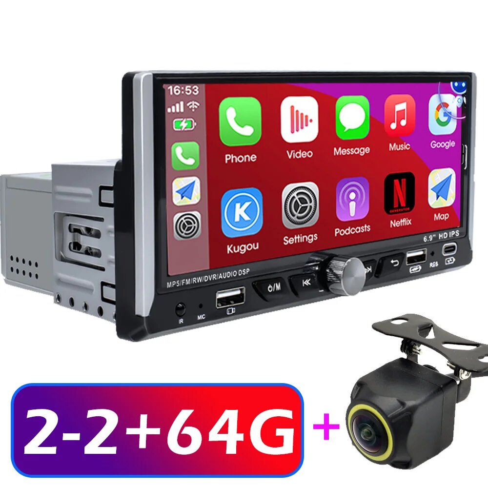 Универсальный мультимедийный проигрыватель 1 Din на Android с сенсорным экраном 6,9 дюйма, автомагнитола 1 Din, видео, GPS-навигация, Wi-Fi, Bluetooth 6280A 2 2 64G AHD