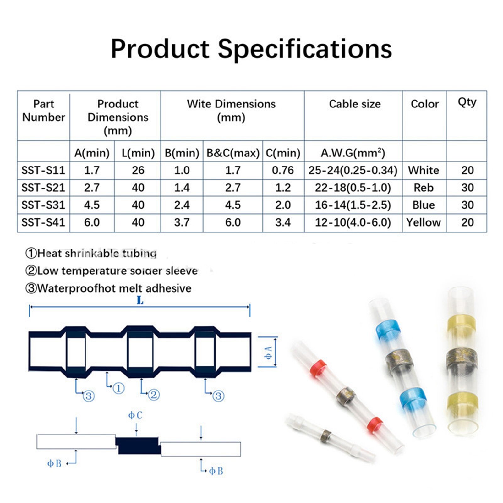 1 комплект термоусадочных клемм, водонепроницаемое кольцо для пайки, изолированные стыковые соединители, ассортимент 800 шт, белый, 70, красный, 80, синий, 80, желтый, 35, трубка 535
