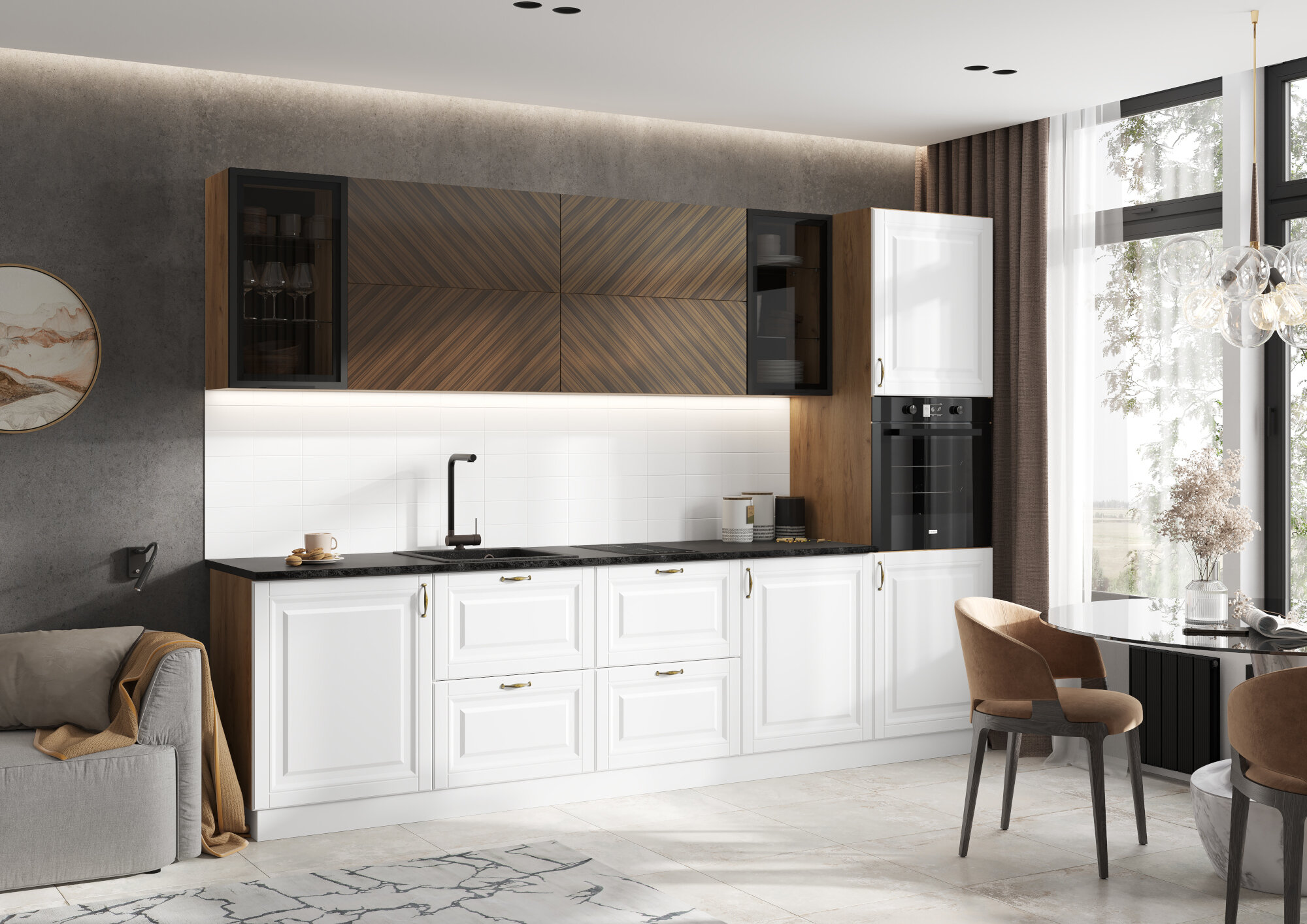 Кухня 3 метра прямая Престиж 3,0м (490) Компоновка №1 (Браш Вайт/Прайм орех, Дуб крафт (Кастилло темный))