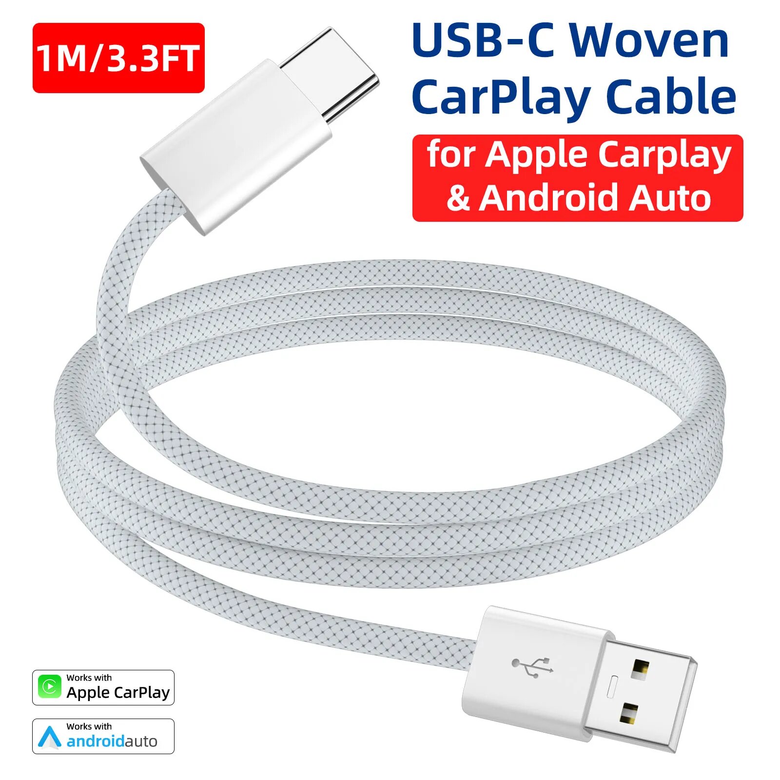 Тканый кабель USB A — USB C CarPlay Android Auto Wire Передача данных Автомобильный телефон Аудиокабель для зарядки для iPhone 15 iPhone 16 Series