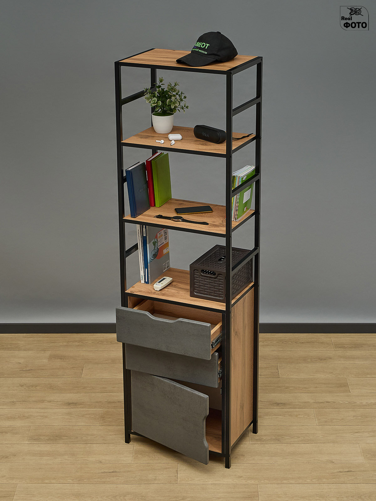 Шкаф с 2 ящиками и дверью Сусар 8В на металлических стойках дуб вотан ш52/г34/в177