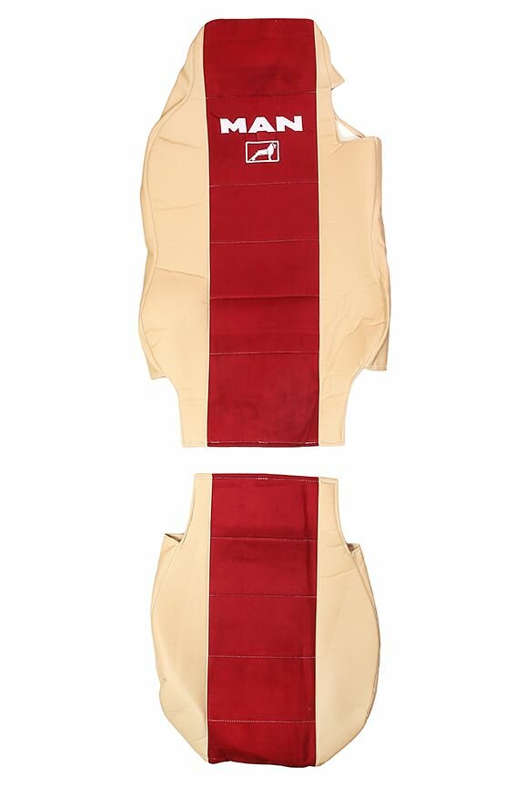 Чехлы на сиденья MAN TG(A, X, S, M, L) 1 ремень, с 2017г (М33) бежевая кожа и красная антара (0784) эконом