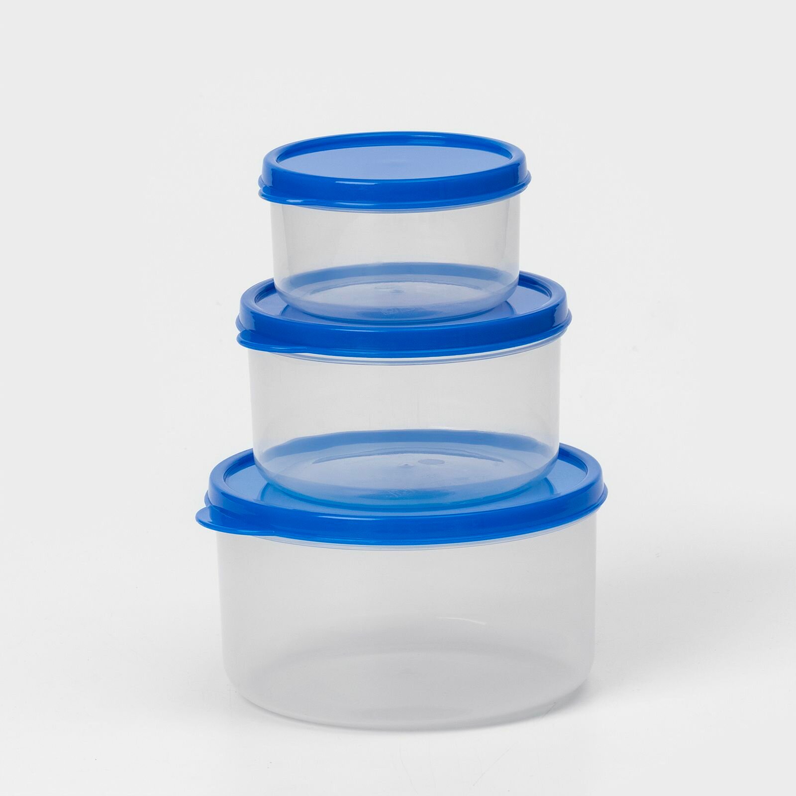 Набор контейнеров пищевых круглых, 3 шт: 150 мл, 300 мл, 500 мл, прозрачные, крышка синяя