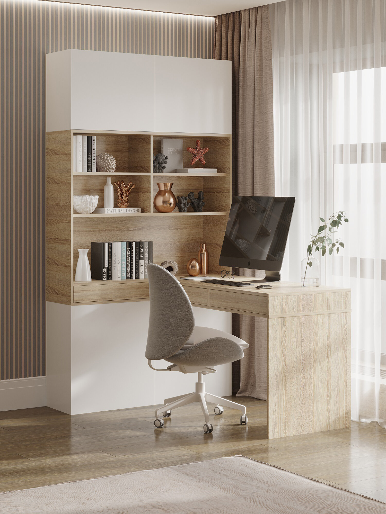 Стол компьютерный со стеллажом и ящиками Click, белый/сонома, 120х155х214 см