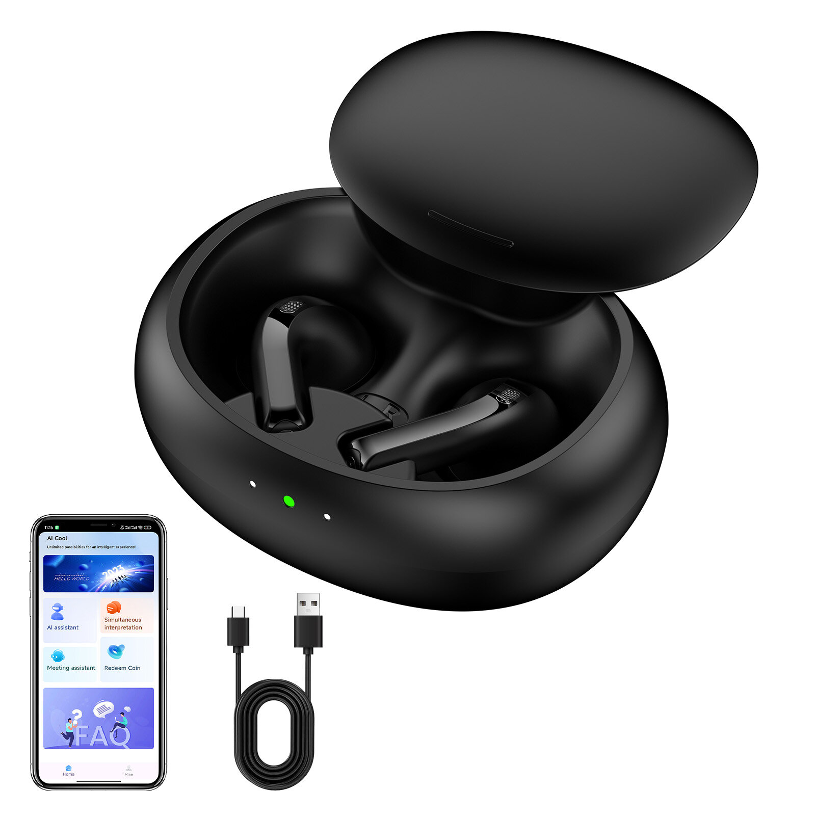 Беспроводные наушники для перевода в реальном времени AI Translator для 2 систем смартфонов с однократной записью аудио в текст, шумоподавлением, BT, черного цвета, ABS, BT5.3, протоколы HFP/HSP/A2DP/AVRCP, дальность передачи 10 метров, диаметр динамика