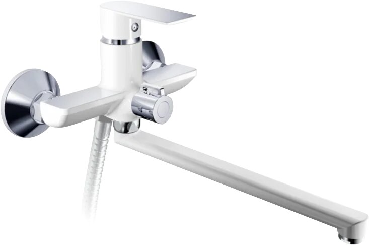 Смеситель для ванны с длинным изливом Haiba HB22505-8 с душевым гарнитуром, поворотный, латунный, белый, глянцевый, смеситель для ванны с душем, рычажный, с настенным держателем