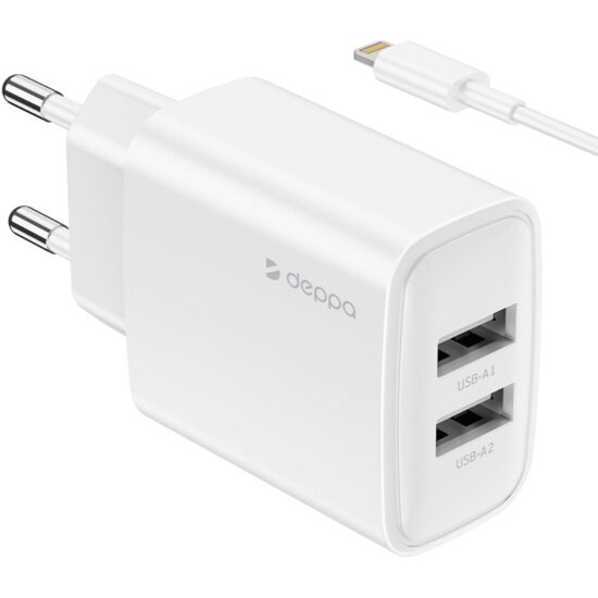 Сетевое зарядное устройство Deppa 2хUSB-A, 2.4A, с кабелем Lightning 1м, белый (11488)