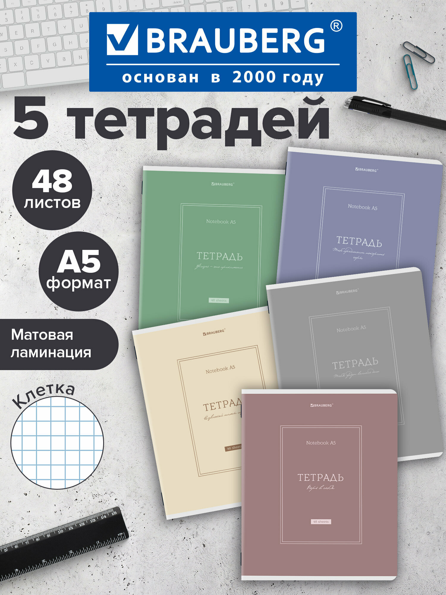 Тетрадь А5 в клетку 48 листов для записей в школу и офис, набор 5 штук, матовая обложка, Brauberg Classic, 404920