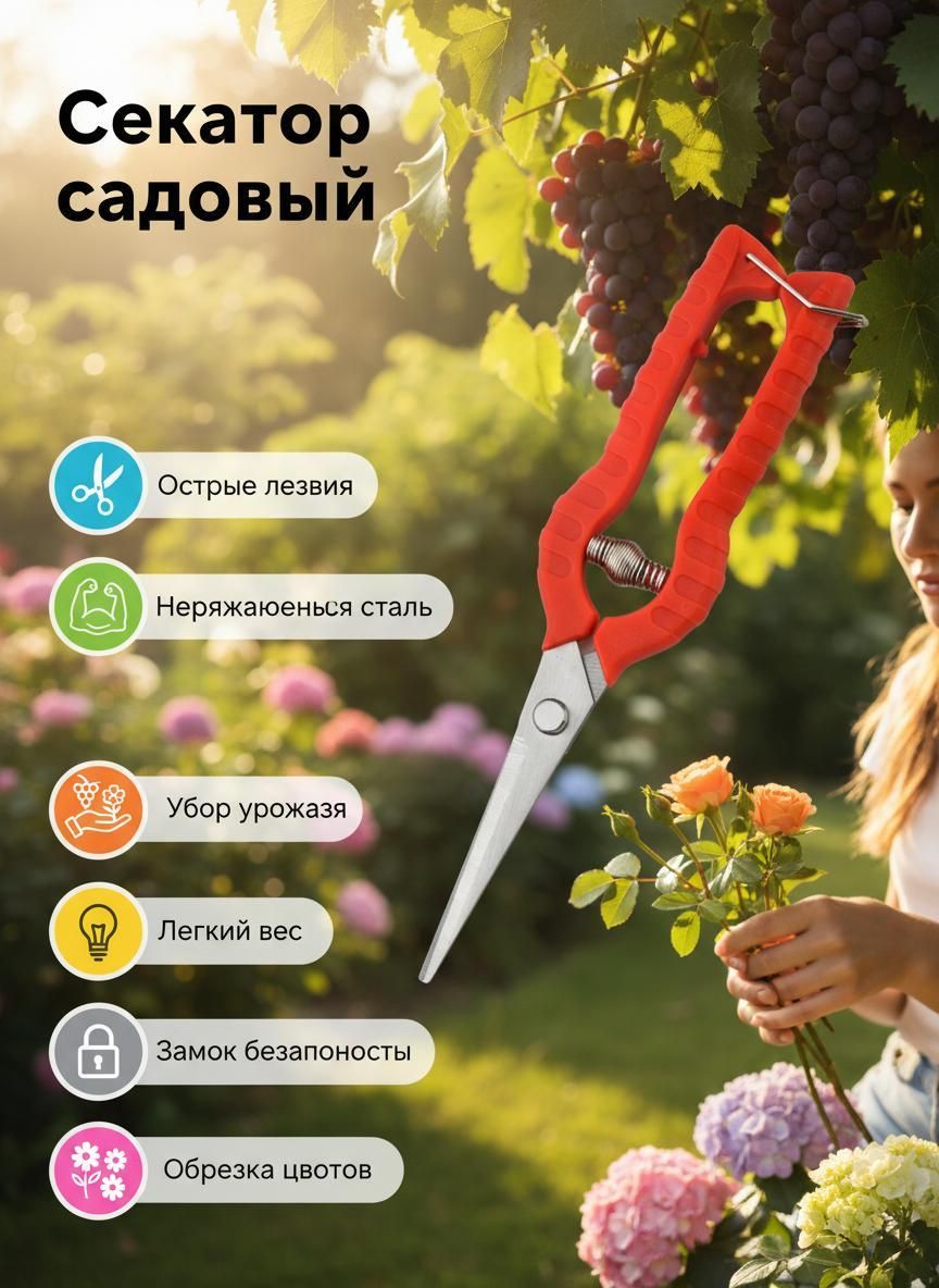 Секатор садовый / сучкорез / ножницы для цветов с прямыми лезвиями.