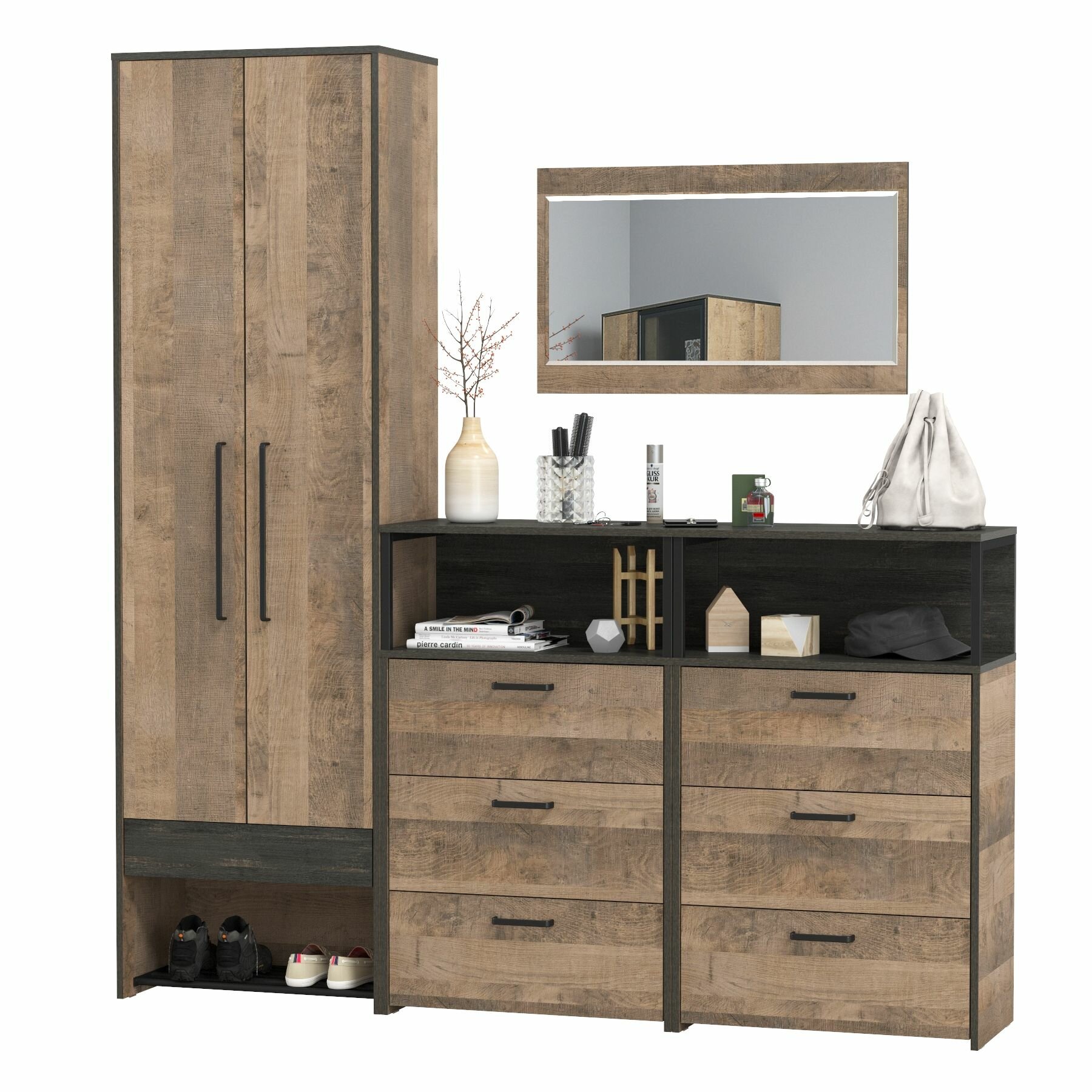 Мебель в прихожую из серии мебели Трувор № 203, цвет дуб гранж песочный/интра, ШхГхВ 195,2х37х210 см.