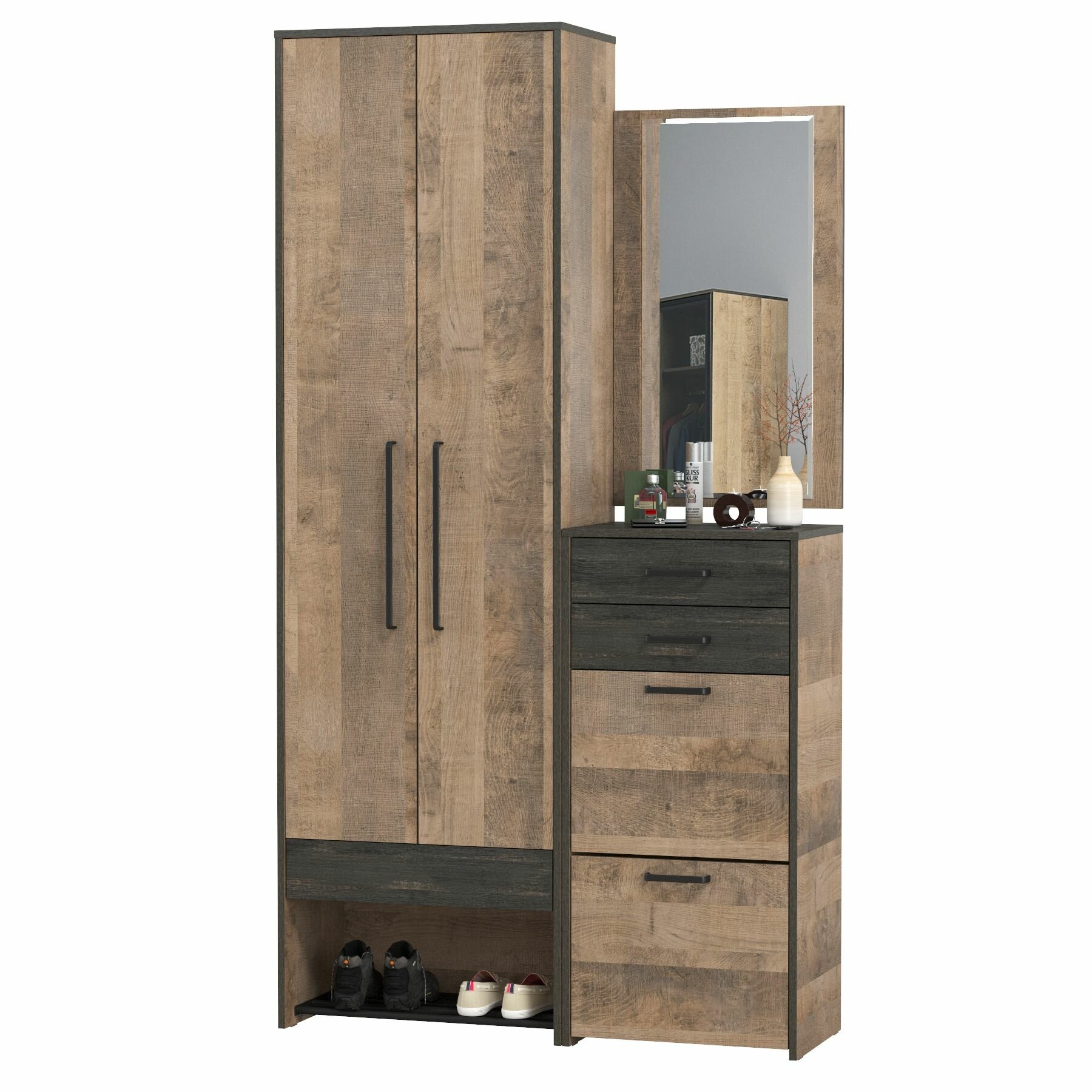 Шкаф для прихожей с тумбой для обуви и зеркалом Трувор, цвет дуб гранж песочный/интра, ШхГхВ 113,2х37х210 см.