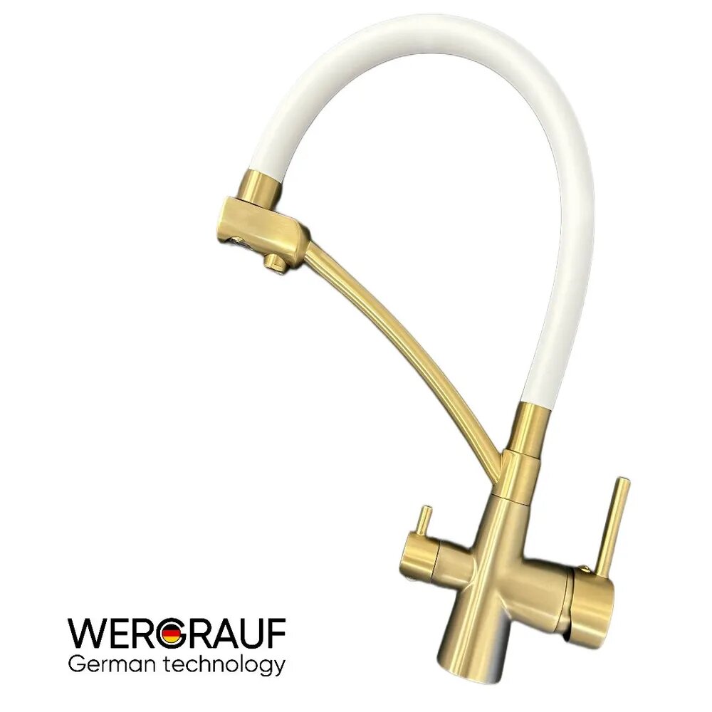 Смеситель для кухни Wergrauf FK-01GW с гибким изливом и фильтром для питьевой воды цвет золото с белым