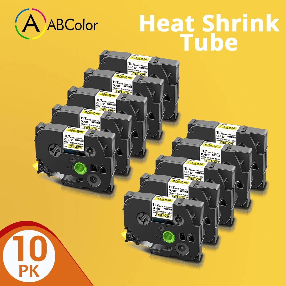 Термоусадочная лента ABColor 6/9/12 мм для Brother HSe-231 HSe-631 10PK Black on Yellow, 6 мм