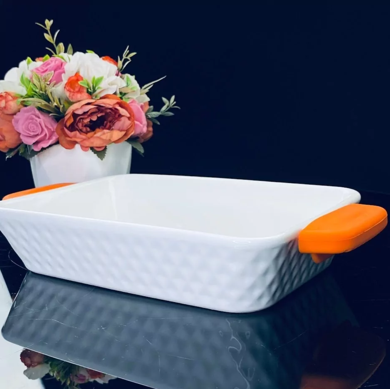 Прямоугольное блюдо для запекания 26см с силикон. ручками Фарфор 142-142 118-142-142