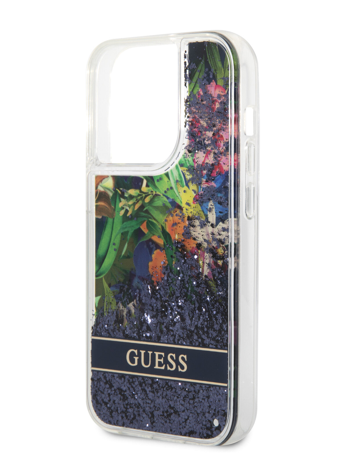 Guess для iPhone 15 Pro чехол Liquid Glitter Flower Hard Blue