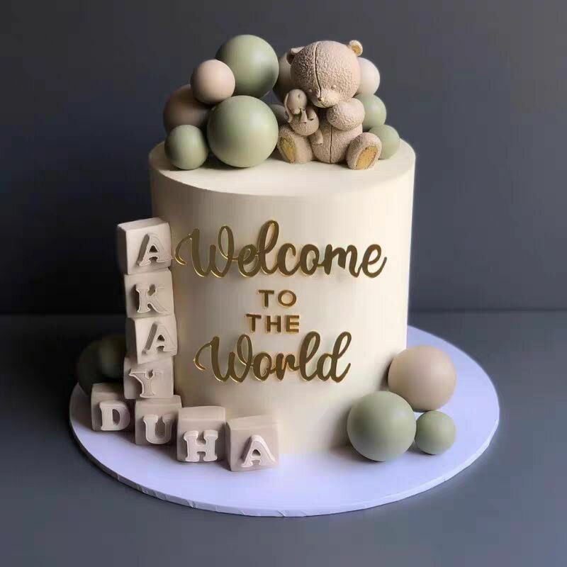 Надпись на торт для новорожденного Welcome to the World/ золотой зеркальный акрил, на выписку из роддома