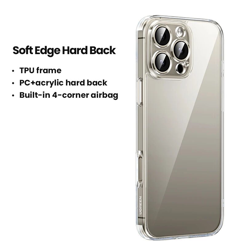 Чехол UGREEN для iPhone 16 Pro Max, противоударный прозрачный чехол, прозрачный чехол для iPhone 15 Pro 15 Plus, защитный чехол для телефона 1Pcs, Soft Egde Hard Back, iPhone 16 Pro