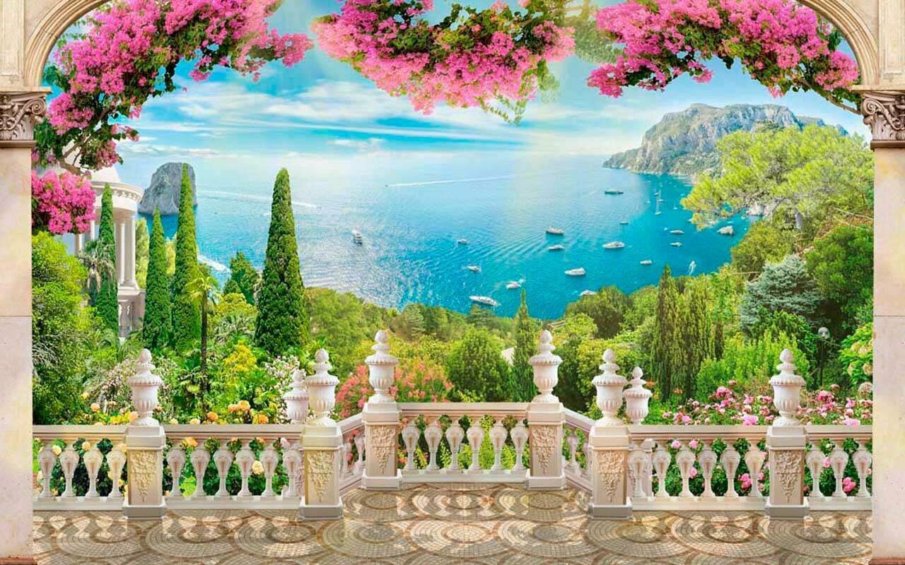 Фотообои Розовые цветы в арке на балконе 7-141-XL-Флекс 270 x 500 см (ВхШ) Бесшовные, флизелиновые, влагостойкие обои MasterFresok