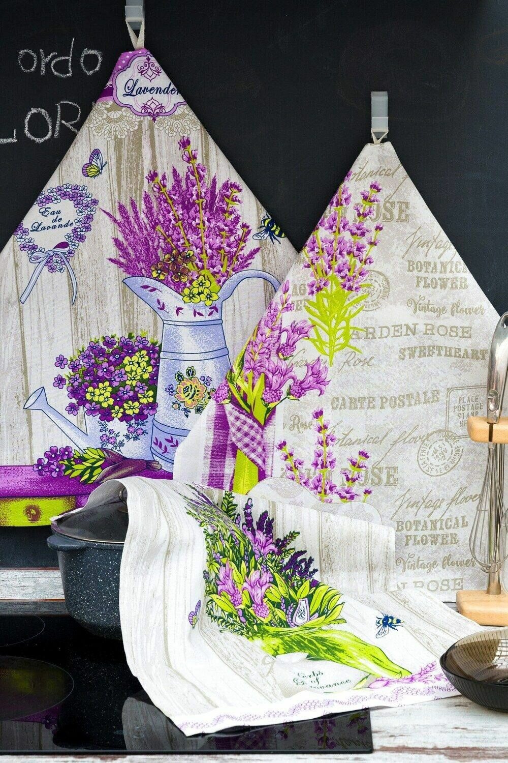 Набор кухонных полотенец Букет лаванды, 48*60 см, 3 шт, Хлопок, Рогожка