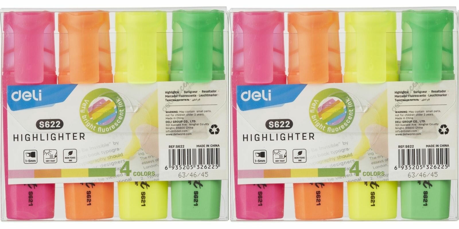 Deli Набор текстовыделителей, Delight, 4 цвета, скошенный наконечник, 1-5мм, 2 уп