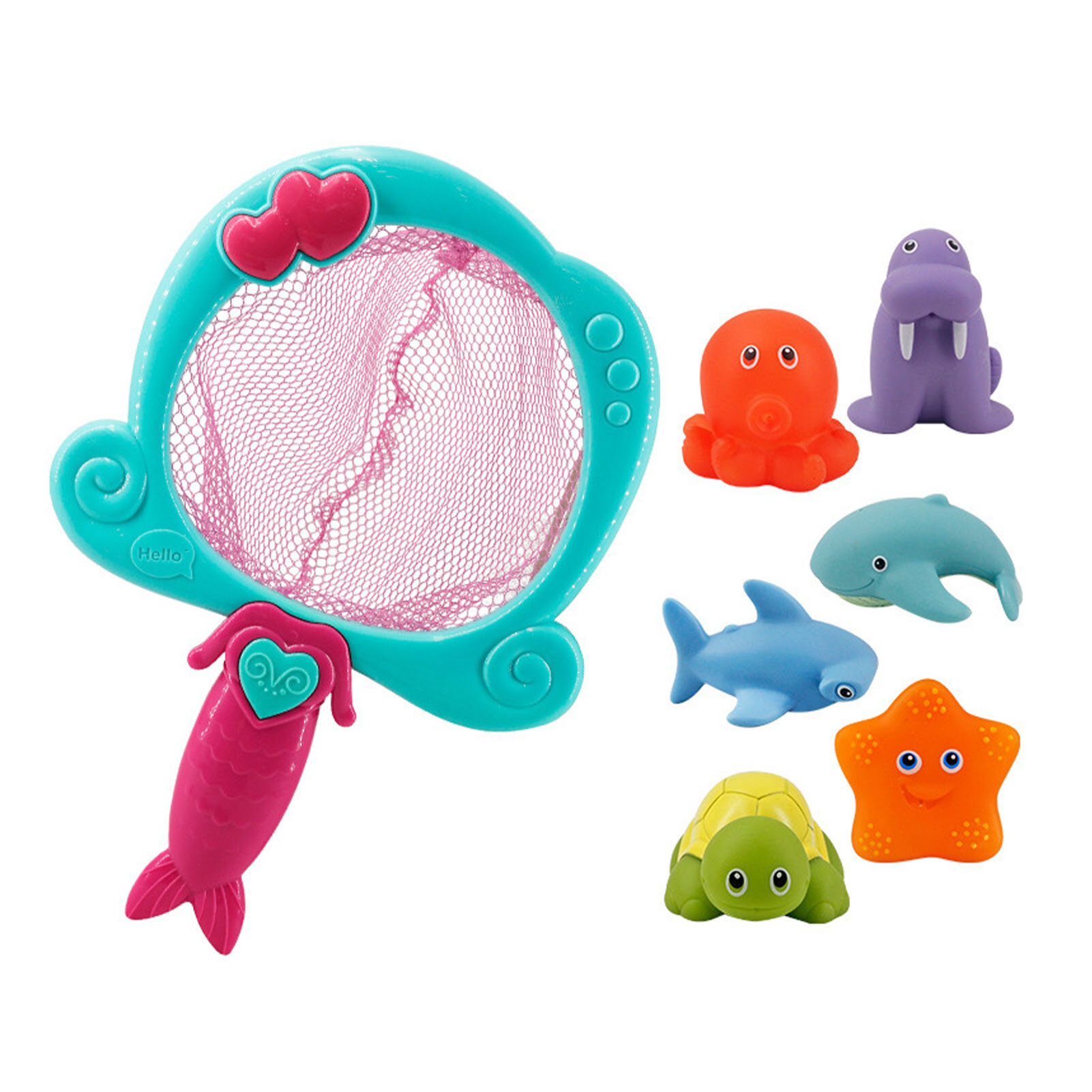 Bright Color Infant Bath Toy with BB Squeaker Baby Kid Funny Animal Shaped Bathtub for Home Bathroom Blue Fishing Net 6