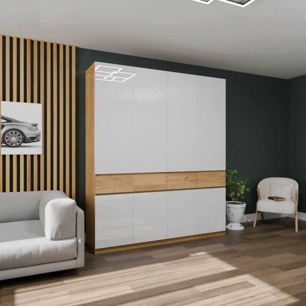 Шкаф распашной 4-х ств Бостон ШК-004 Дуб Крафт золотой/Белый глянец ЛДСП/МДФ, с ящиками, штангами, 1996х2360х510