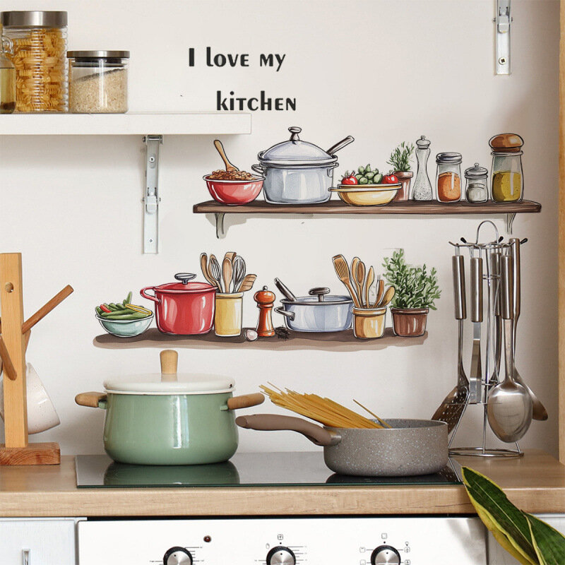 Наклейки на стену для кухни, красочные обои с изображением посуды, креативные наклейки на стену с изображением еды, съемные самоклеящиеся наклейки из ПВХ для декора ресторана, столовой, домашней кухни, фоновое украшение 40x60 см