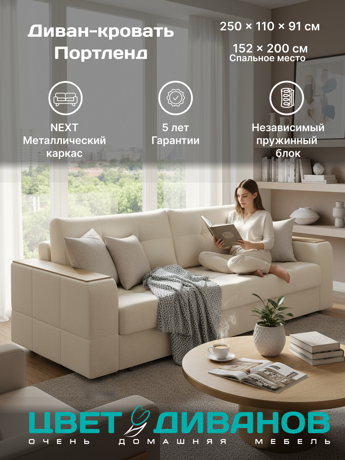 Прямой диван кровать Цвет Диванов Портленд NEXT 22 ортопедический, металлокаркас, независимый пружинный блок, микровелюр