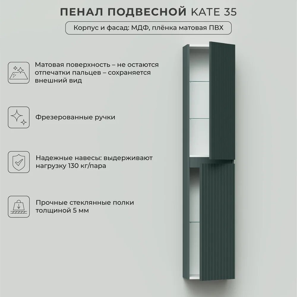 Шкаф-пенал для ванной Itana Кейт 35 подвесной, 35 см, зеленый, матовый, с дверками, из МДФ