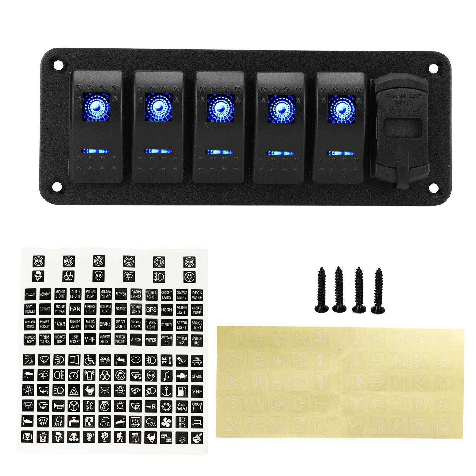 5-полосная панель переключателей 12V-24V с USB, LED дисплеем напряжения для грузовиков, RV, яхт