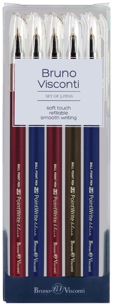Набор из 5-ти ручек Bruno Visconti, шариковые, 0.38 мм, синие, PointWrite. ORIGINAL, Арт. 20-0210-5