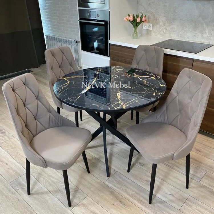 Обеденная группа NGVK Лакшери круглый стол черный мрамор стул-кресло капучино
