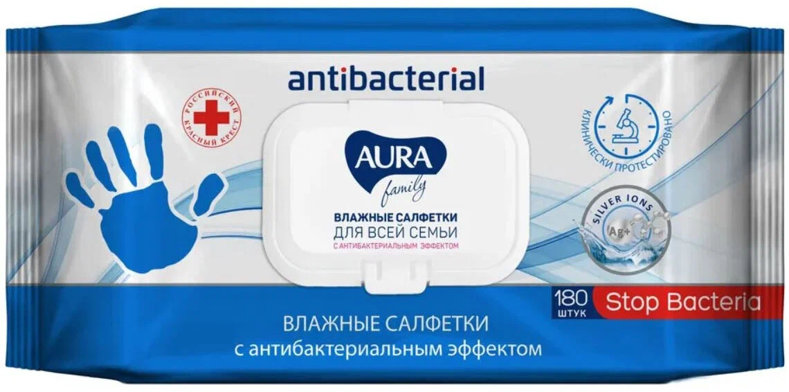 Влажные салфетки антибактериальные Aura Family, липучка, 180 шт, 1 упак