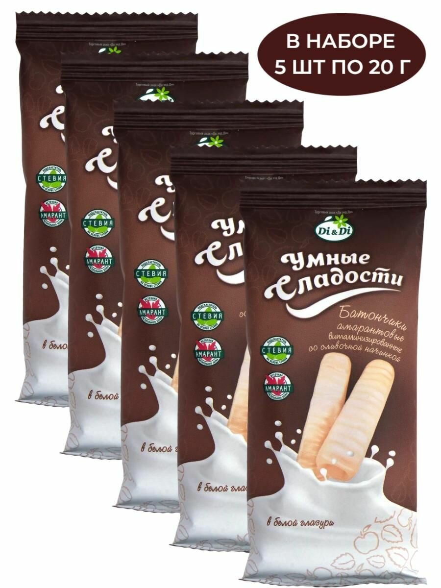 Батончики без сахара и глютена "Умные сладости" со сливочной начинкой в белой глазури, Di&Di, в наборе 5 шт по 20г