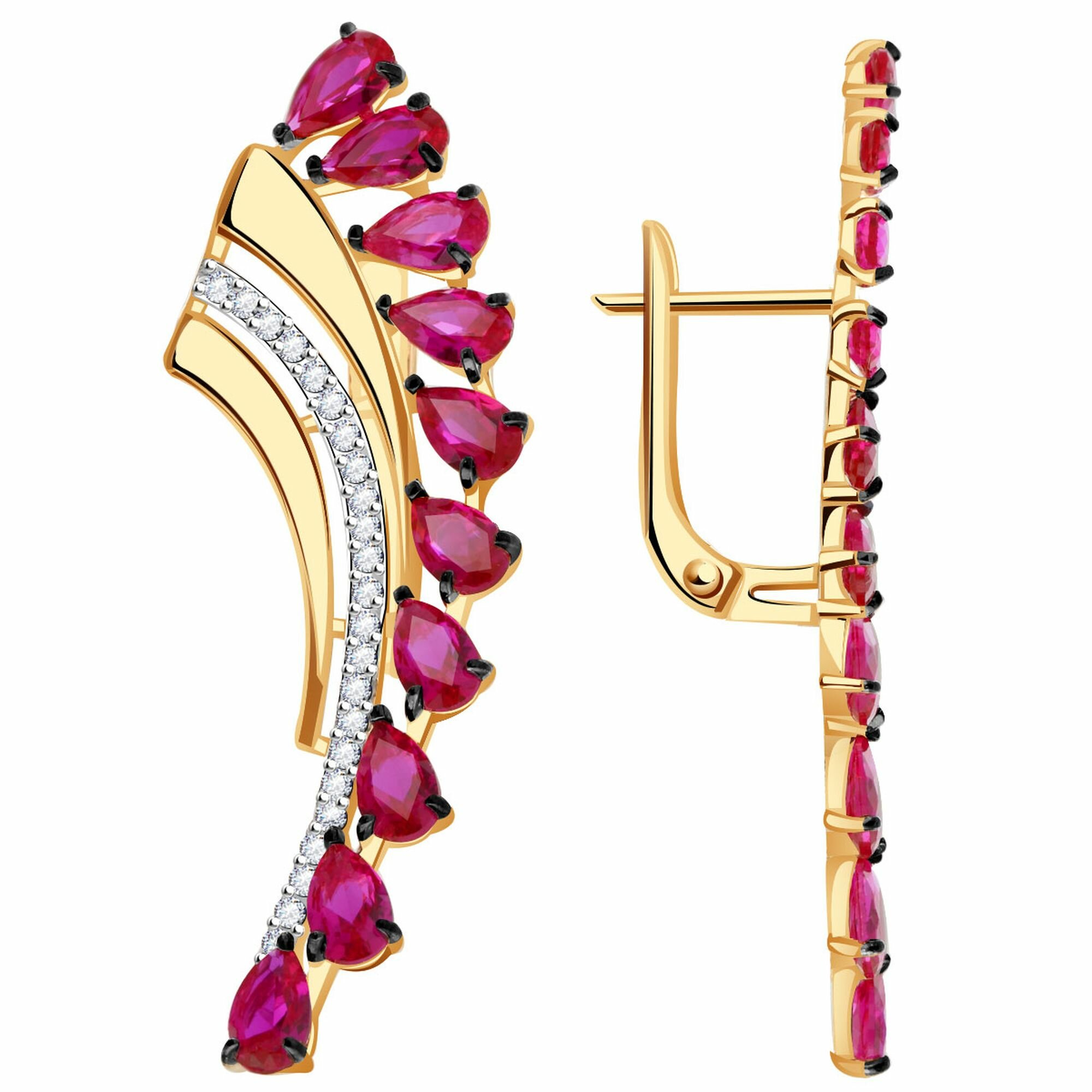 Серьги, красное золото, 585 проба, корунд, фианит