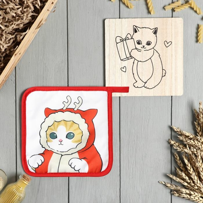 Прихватка и подставка под горячее Доляна "Котик", 15х15 и 17х17 см, дерево, полиэстер